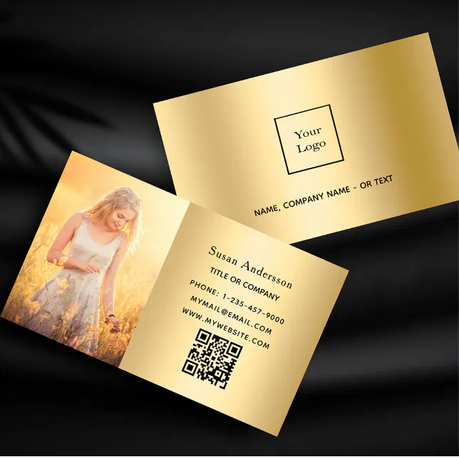 Gold qr code logo employee photo business card | Zazzle