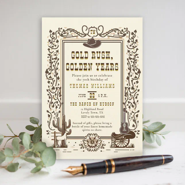 Gold Rush Golden Years Western Vintage Birthday Invitation | Zazzle