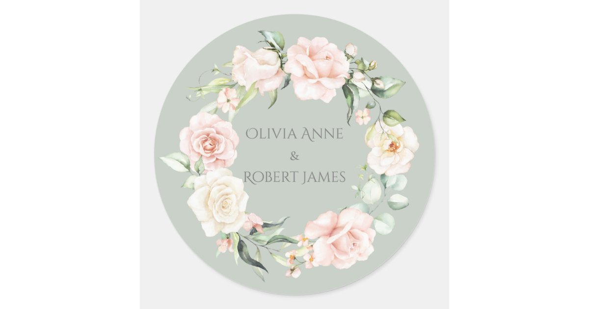 Gold Sage Green Pink Blush Floral Names Wedding Cl Classic Round ...