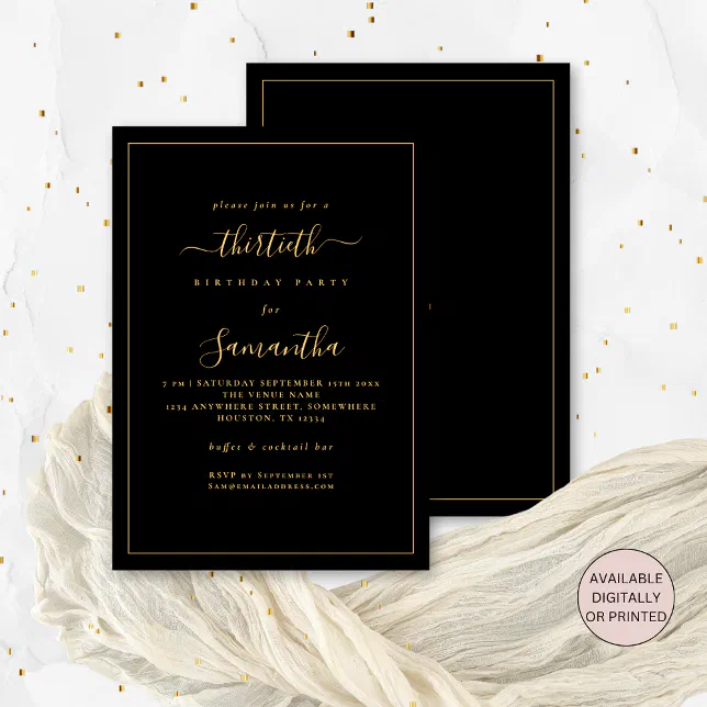 Gold Script Border 30th Birthday Party Black Invitation | Zazzle