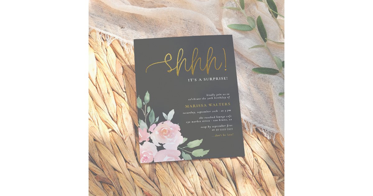 Gold Shhh Its A Surprise Blush Pink & Grey Party Invitation Postcard ...