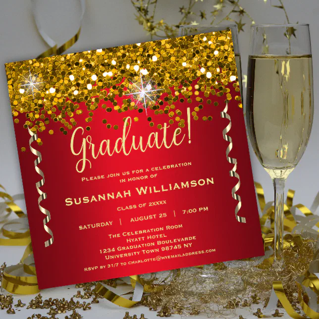 Gold Sparkles Glitter Red Graduation Party Invitation | Zazzle