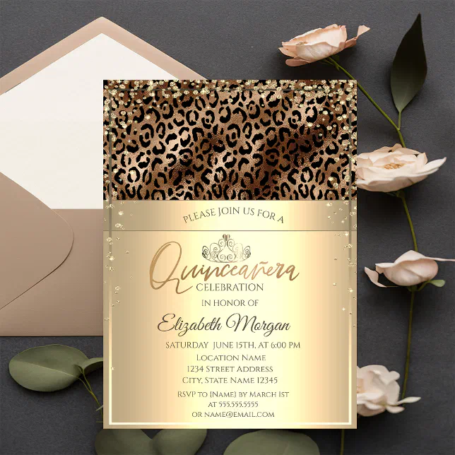 Gold Tiara,Diamonds Leopard Print Quinceañera Invitation | Zazzle