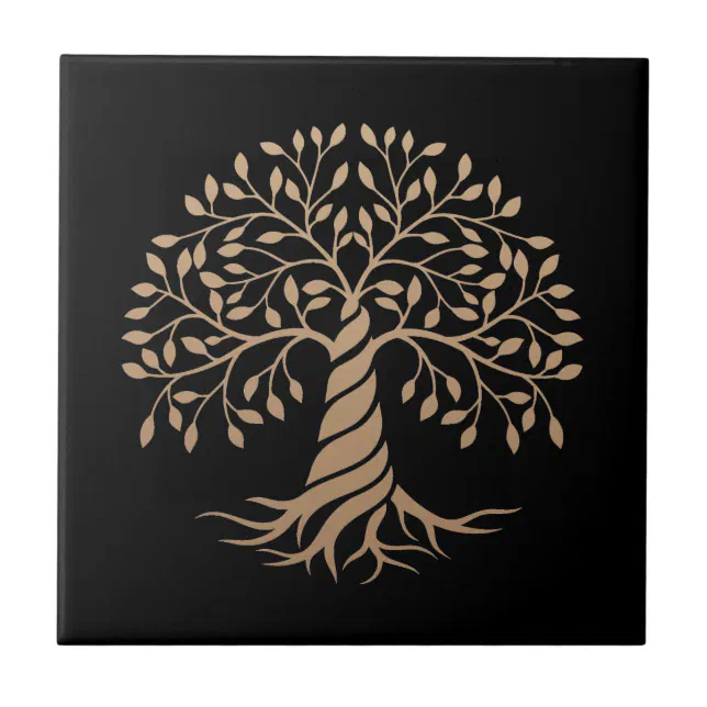 Gold Tree of Life Black Background Graphic Art Tile | Zazzle