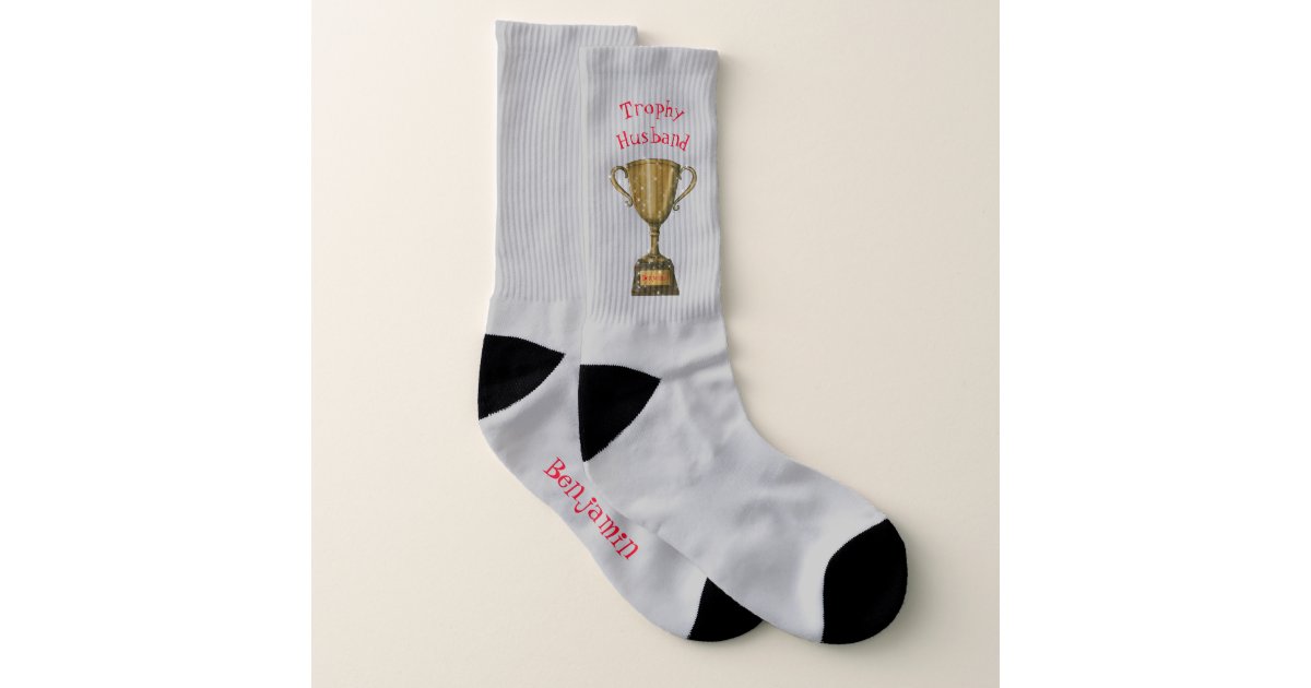 Gold Trophy Husband Monogram Fun Typography Grey Socks | Zazzle