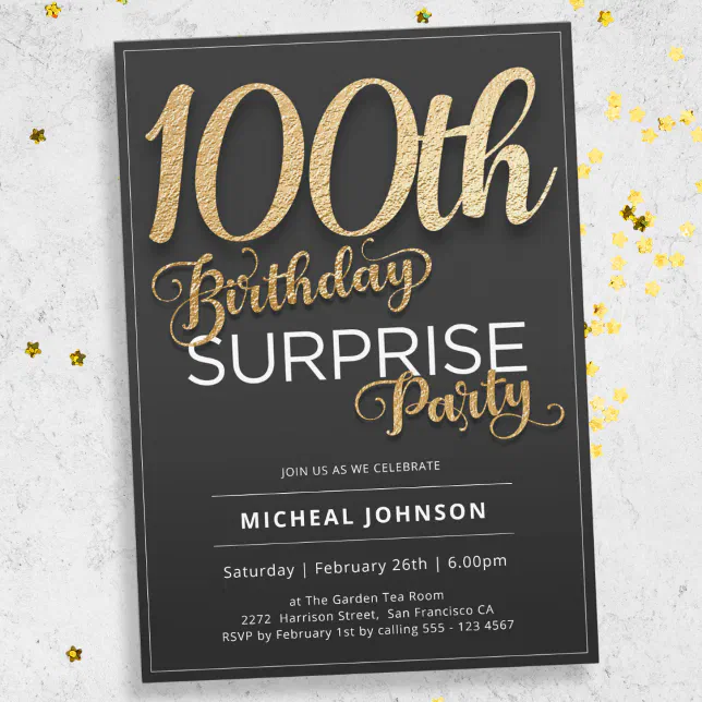 Gold Typography Custom Surprise 100th Birthday Invitation | Zazzle