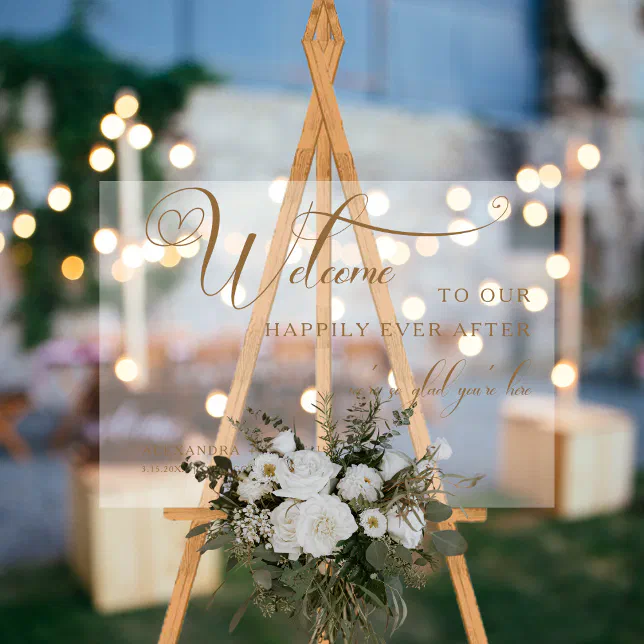Gold wedding Welcome | We're So Glad You're Here Acrylic Sign | Zazzle