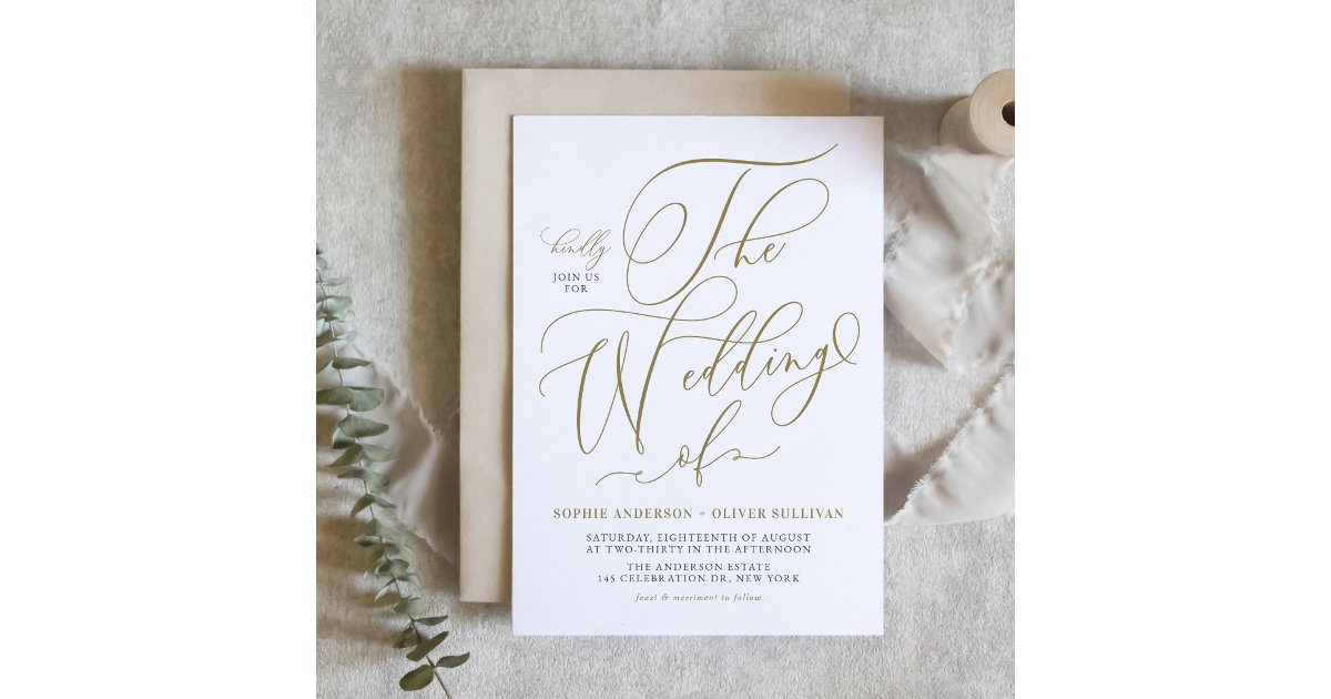 Gold Whimsical Calligraphy Wedding Invitation | Zazzle