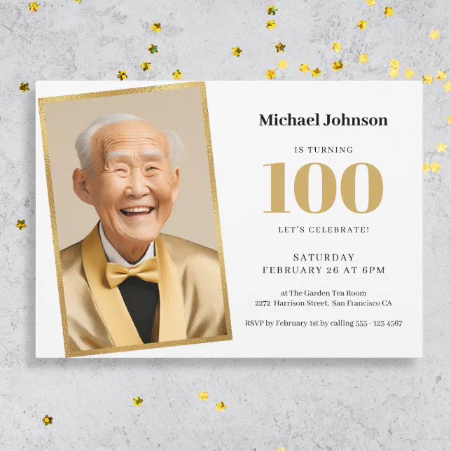 Gold White Classy Photo 100th Birthday Party Invitation | Zazzle