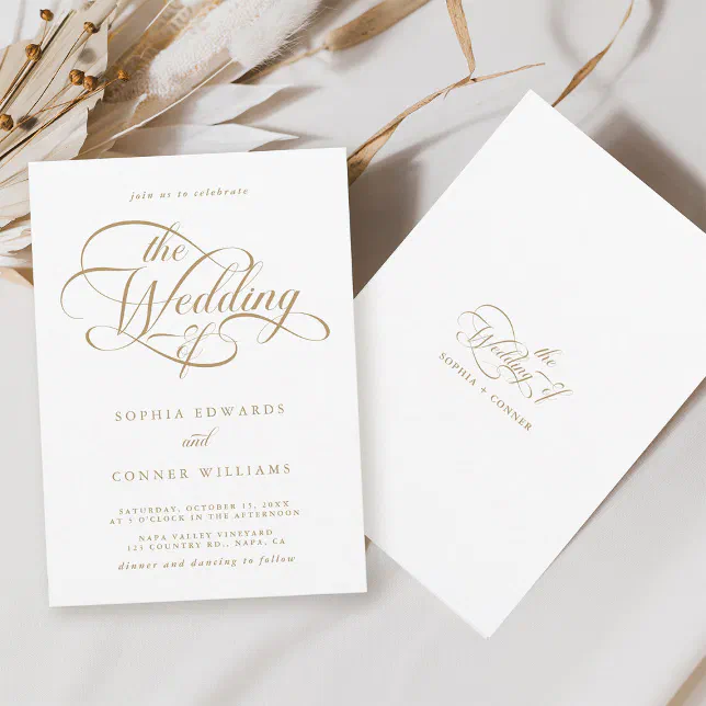 Gold & White Delicate Elegant Script Wedding Invitation | Zazzle