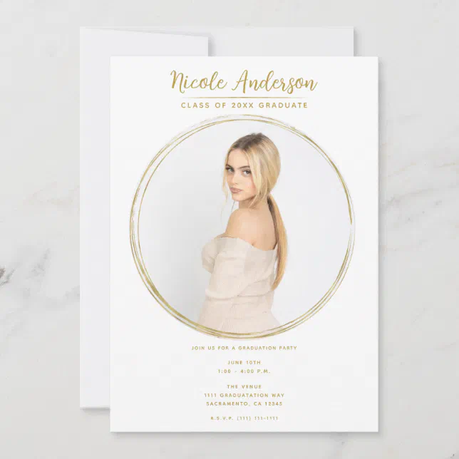 Gold & White Modern Round Photo Graduation Party Invitation | Zazzle