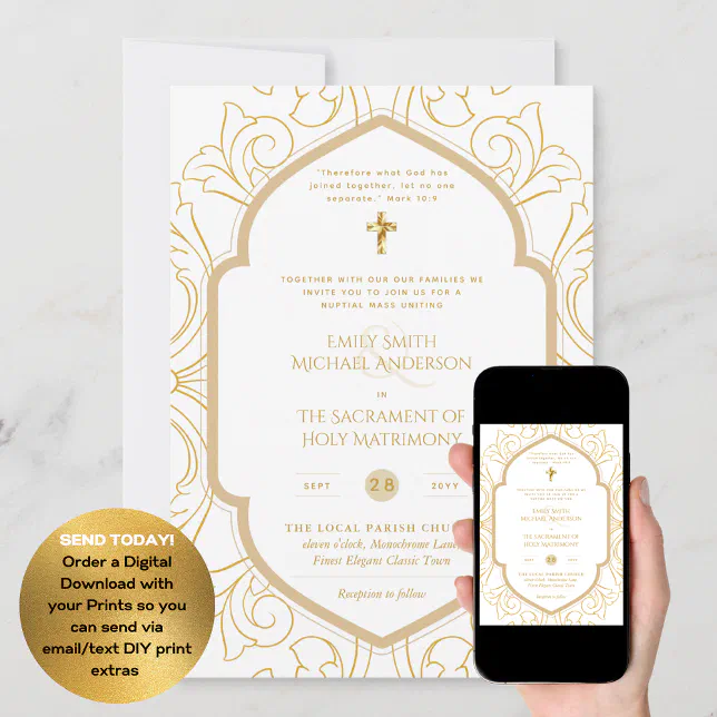 Gold White Ornate Catholic Nuptial Mass Wedding Invitation | Zazzle