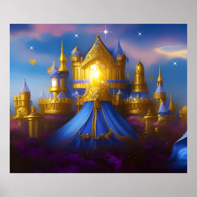 Golden Castle gold blue fantasy magical Poster | Zazzle