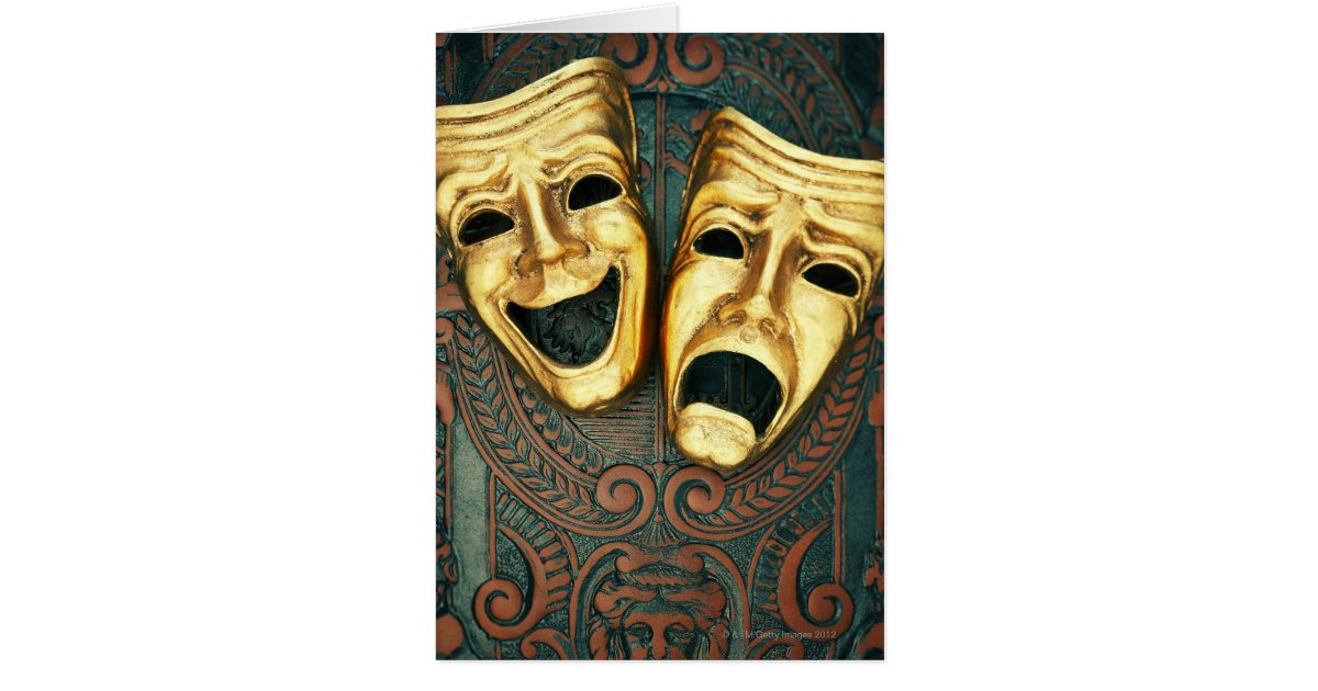 Golden comedy and tragedy masks on patterned | Zazzle