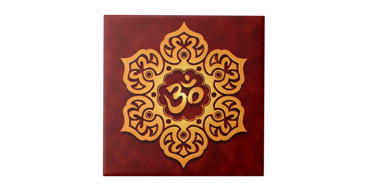 Golden Red Lotus Flower Om Tile | Zazzle