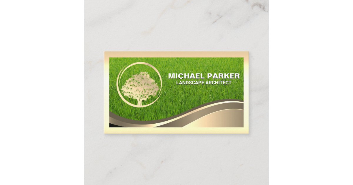 Golden Tree Logo | Grass | Gold Frame Business Card | Zazzle