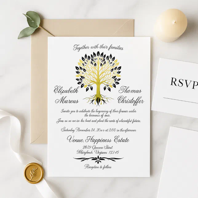 Golden Tree of Life Timeless Sophisticated Wedding Invitation | Zazzle