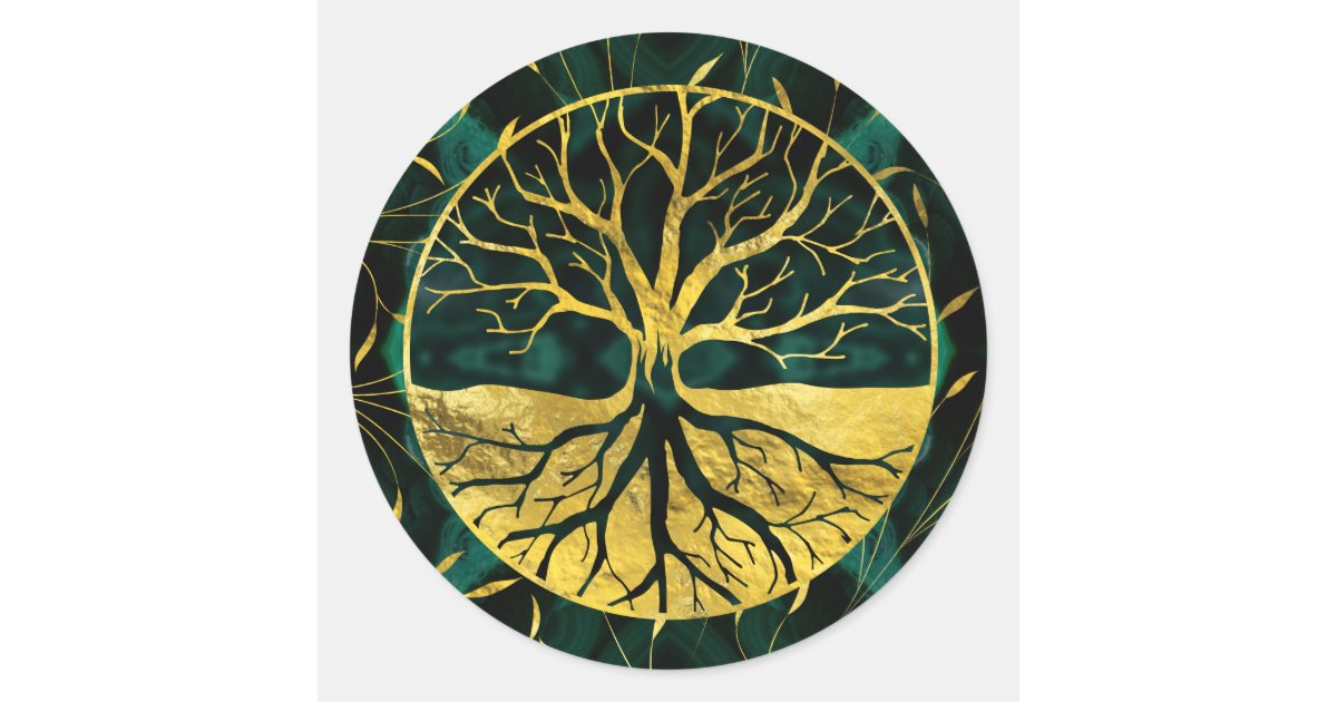 Golden Tree of Life Yggdrasil on Malachite Classic Round Sticker | Zazzle