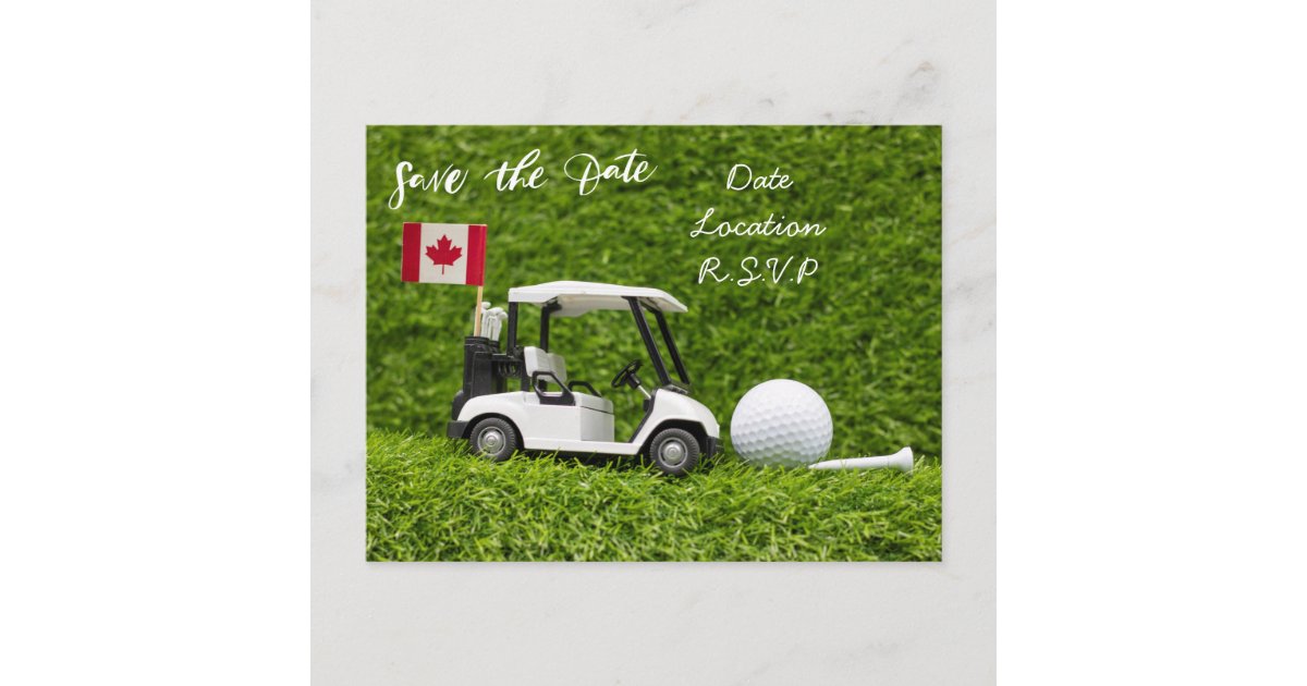 Golf save the date with golf cart Flag of Canada Postcard | Zazzle