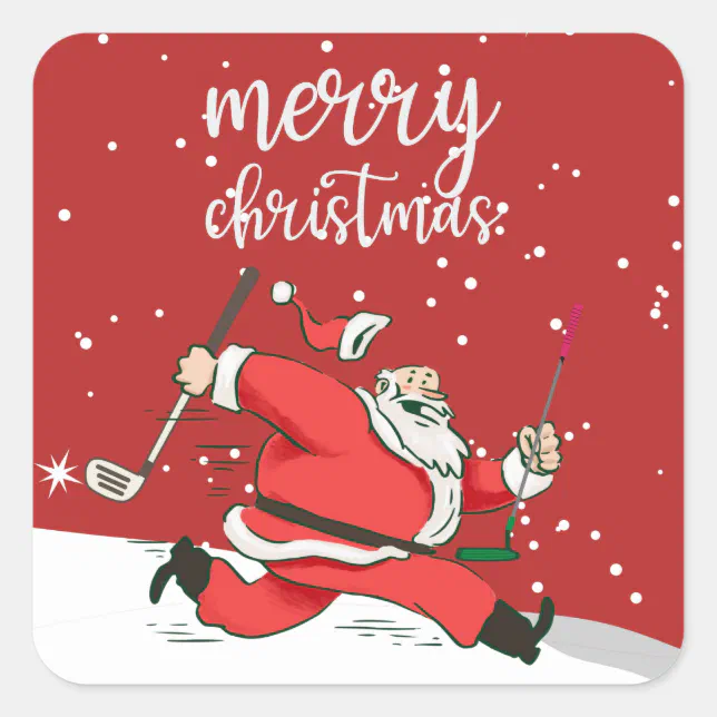 Golfer Santa Claus golf Merry Christmas Square Sticker | Zazzle