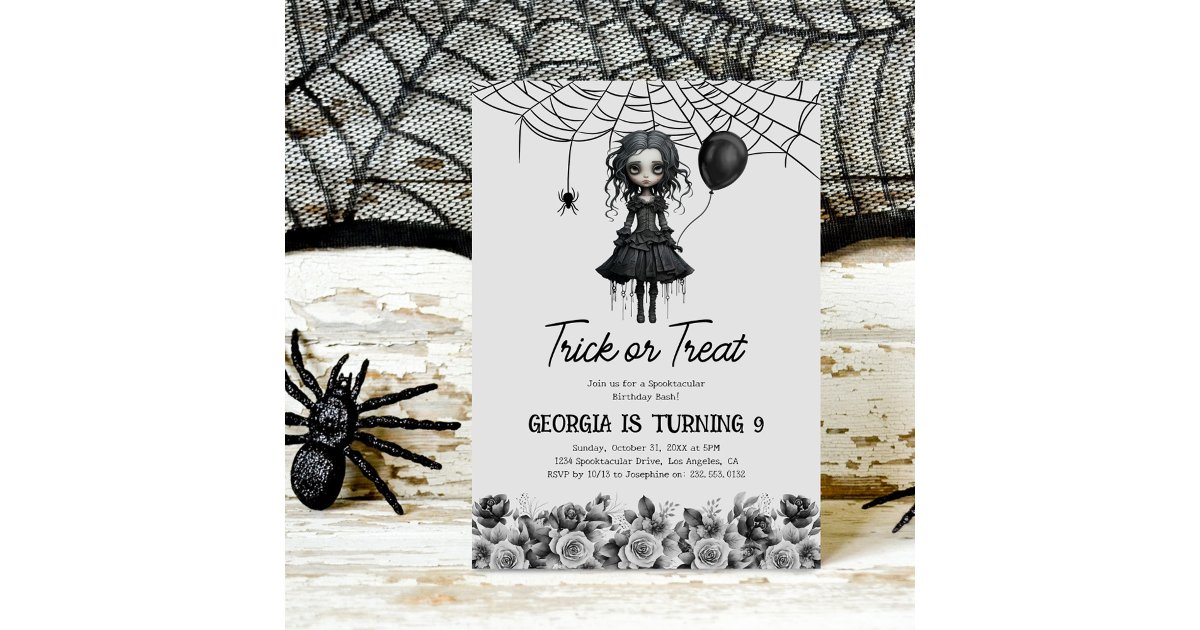 Goth Girls Halloween Kids Birthday Party Invitation | Zazzle