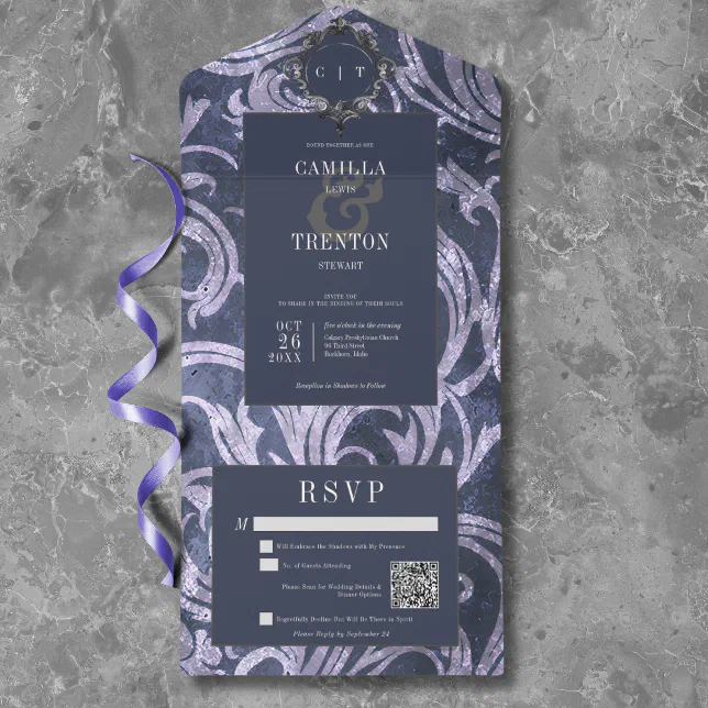 Gothic Antique Purple Damask QR Code Wedding All In One Invitation | Zazzle