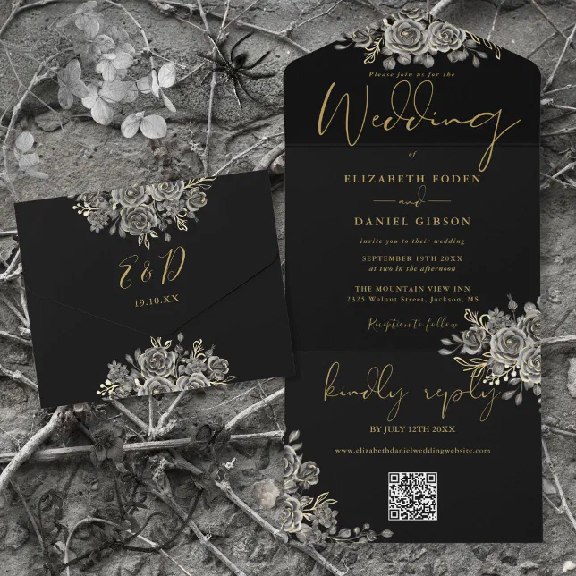 Gothic Black And Gold Roses QR Code Wedding All In One Invitation | Zazzle