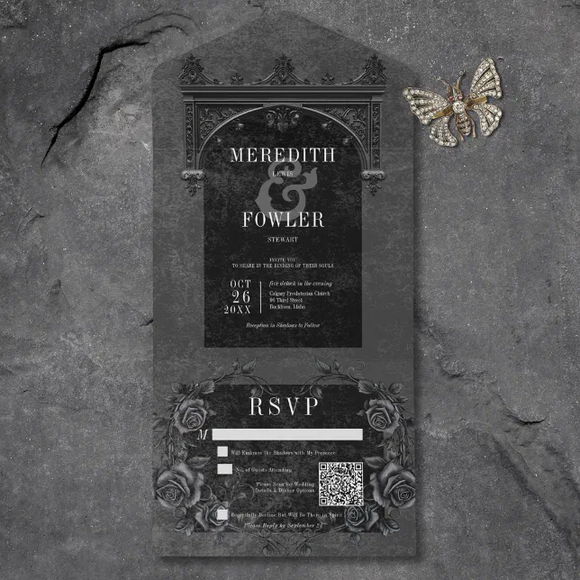 Gothic Black Arch & Black Roses QR Code All In One Invitation | Zazzle