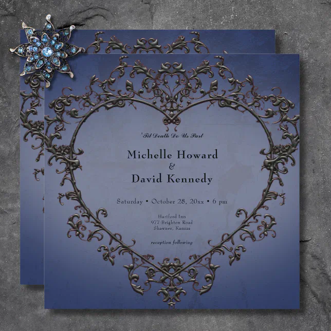 Gothic Black & Blue Filigree Heart Wedding Invitation | Zazzle