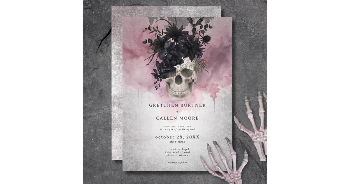 Gothic Black & Burgundy Skull Spider & Bat Wedding Invitation | Zazzle