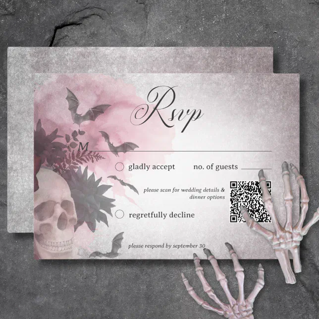 Gothic Black & Burgundy Skull & Spider QR Code RSVP Card | Zazzle