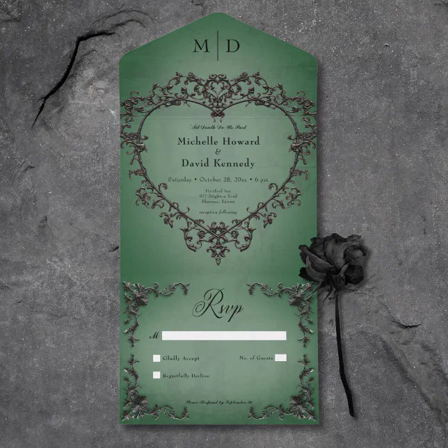 Gothic Black & Green Filigree Heart No Dinner All In One Invitation ...