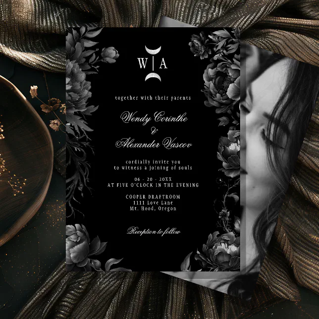 Gothic Black Monogram Moon Crest Wedding Photo Invitation | Zazzle