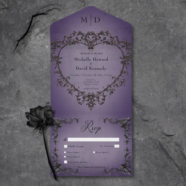 Gothic Black & Purple Filigree Heart Dinner All In One Invitation | Zazzle