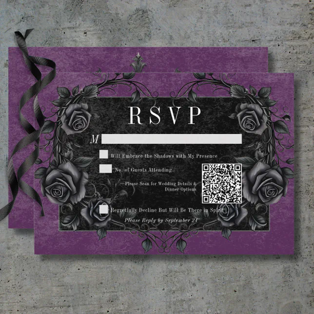 Gothic Black Raven & Black Roses Purple QR Code RSVP Card | Zazzle