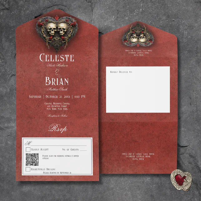 Gothic Black & Red Skulls & Heart Red QR Code All In One Invitation ...