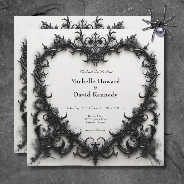 Gothic Black & White Filigree Heart Wedding Invitation | Zazzle