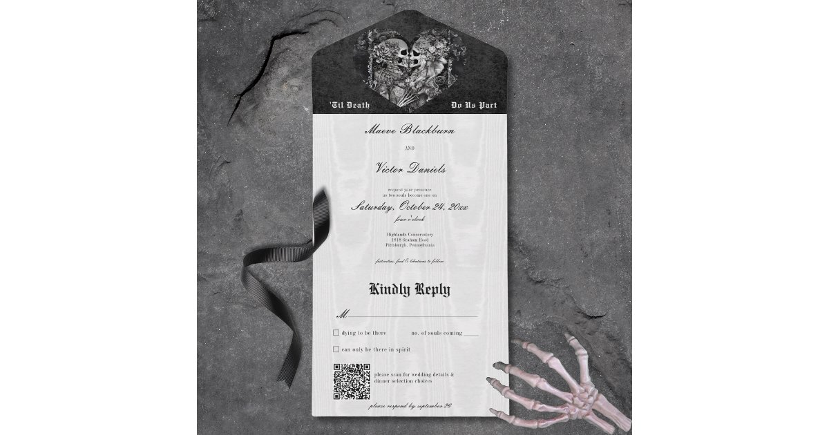Gothic Black & White Skeleton Couple QR Code All In One Invitation | Zazzle