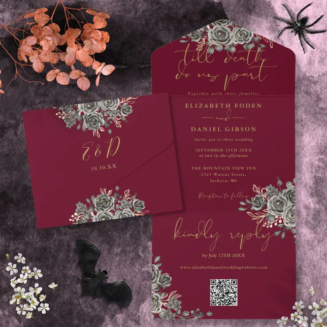 Gothic Burgundy And Gold Roses QR Code Wedding All In One Invitation | Zazzle