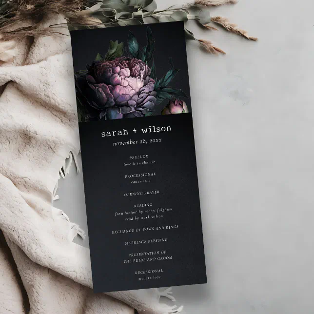 Gothic Dark Purple Black Peony Wedding Program Invitation | Zazzle
