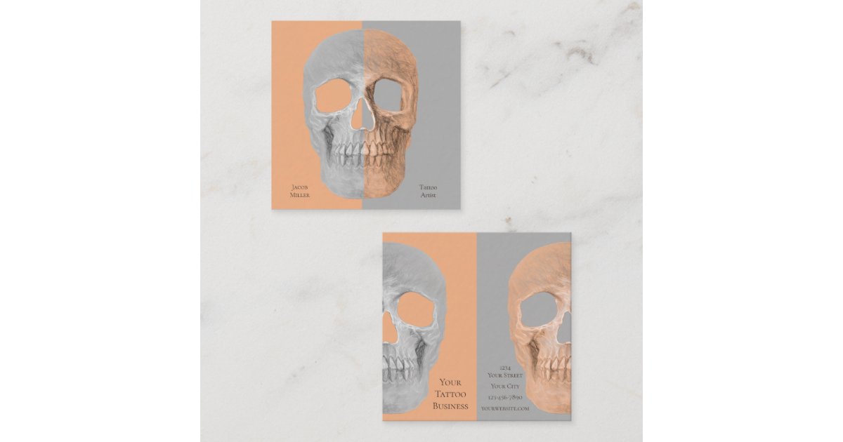 Gothic Half Skull Face Tan Grey Tattoo Shop Square Business Card | Zazzle