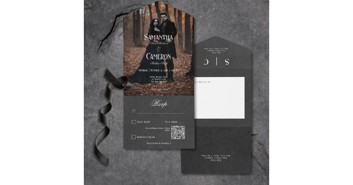 Gothic Moody Black Elegant Photo QR Code All In One Invitation | Zazzle