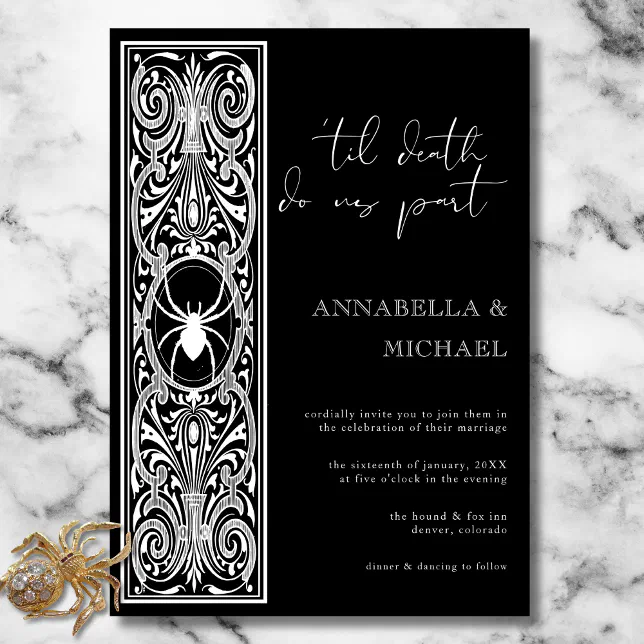 Gothic Spooky Spider Black White Wedding Invitation | Zazzle