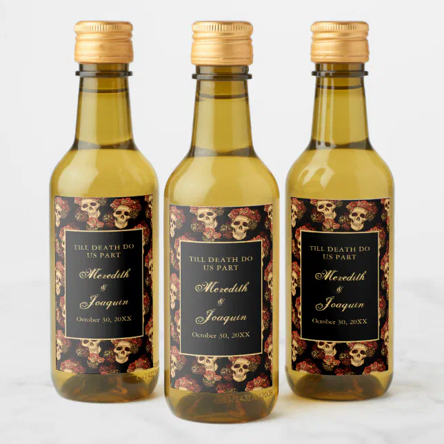 Gothic Wedding Skulls Black Red Rose Custom Wine Label | Zazzle