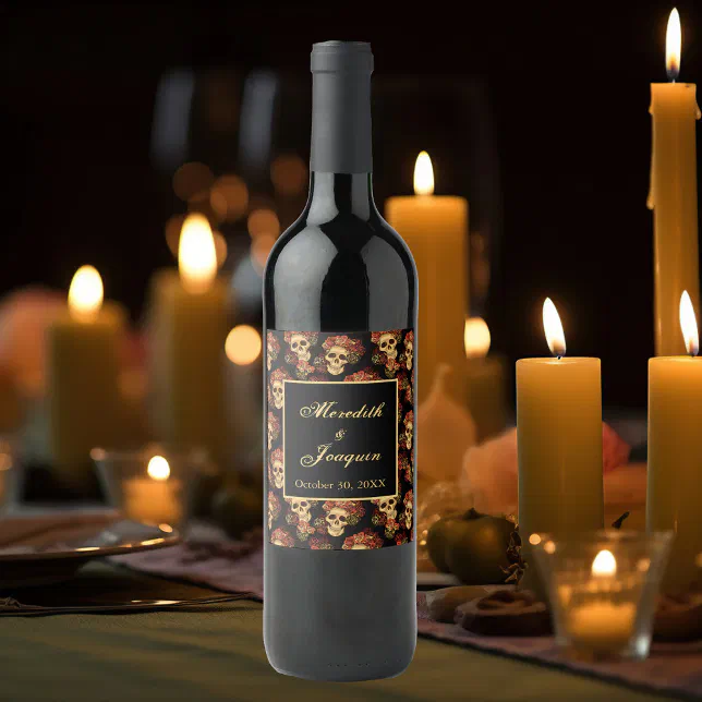 Gothic Wedding Skulls Black Red Rose Custom Wine Label | Zazzle