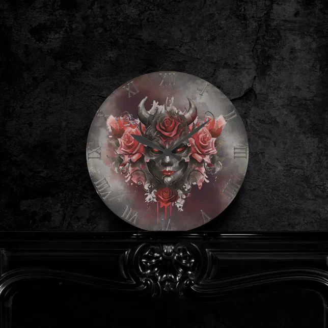 Gothic Wizardry | Dark Horned Demon with Red Eyes Round Clock | Zazzle