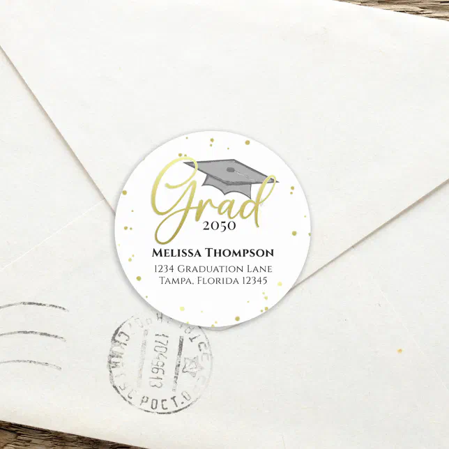 Graduate Gold Grad Calligraphy Return Address Classic Round Sticker ...