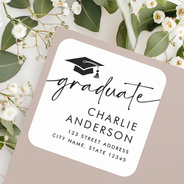 Graduate graduation cap white return address square sticker | Zazzle