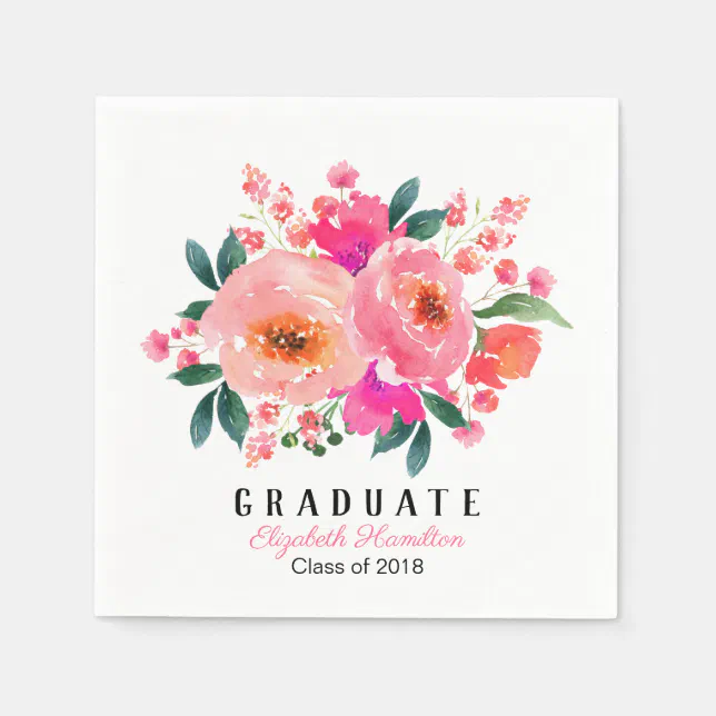 Graduate Pink Floral Bouquet Graduation Party Napkin | Zazzle