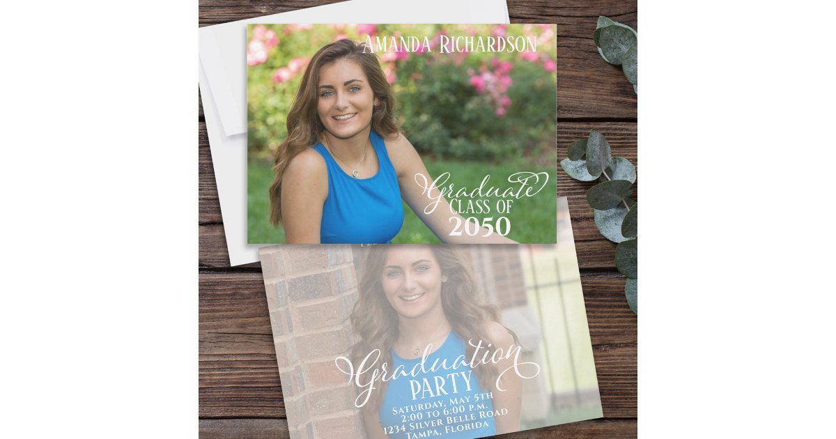 Graduate Two Photo Elegant Calligraphy Script Invitation | Zazzle